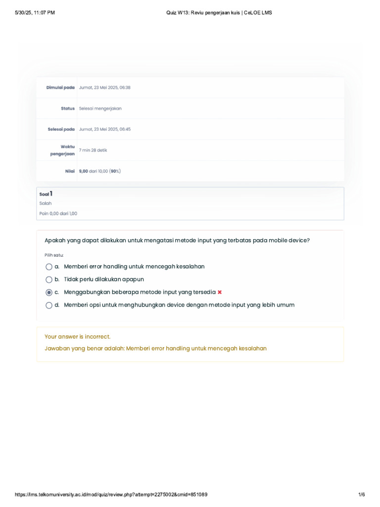 Quiz W13 - Reviu Pengerjaan Kuis - CeLOE LMS | PDF
