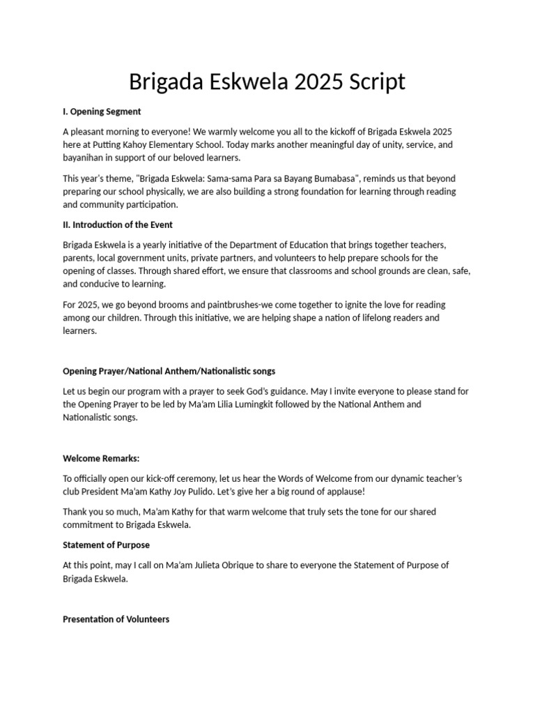 Brigada Eskwela 2025 Script | PDF | Human Communication | Behavior Modification