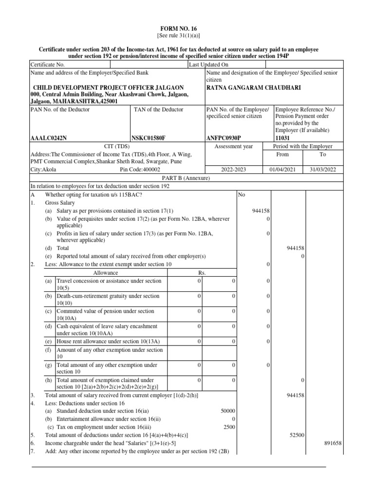 Ratna Chaudhari Form 16 | PDF | Tax Deduction | Pension