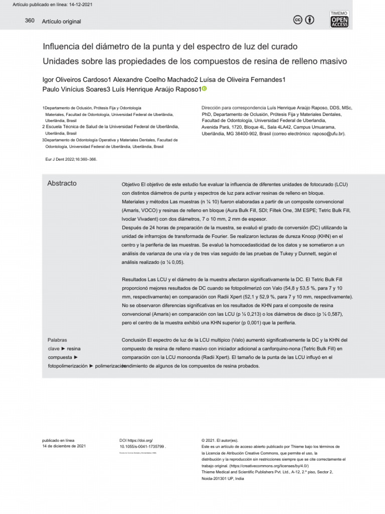 Influence of Tip Diameter and Light Spectrum of Curing | PDF | Diodo emisor de luz | Polímeros