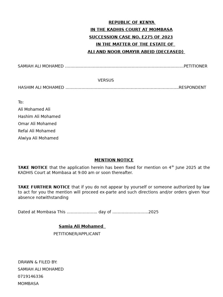 Kadhis Court Succession Notice Mombasa | PDF