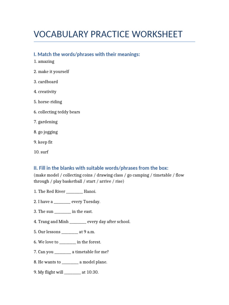 Vocabulary Practice Worksheet | PDF