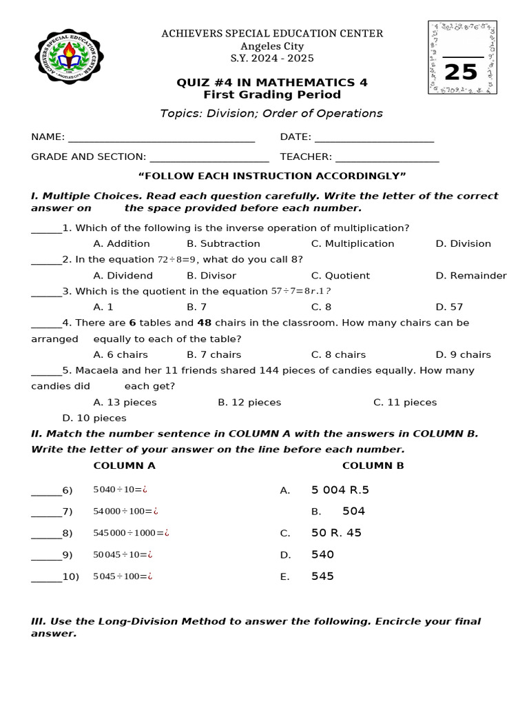g4 Math Quiz#4 Division | PDF | Division (Mathematics) | Elementary ...