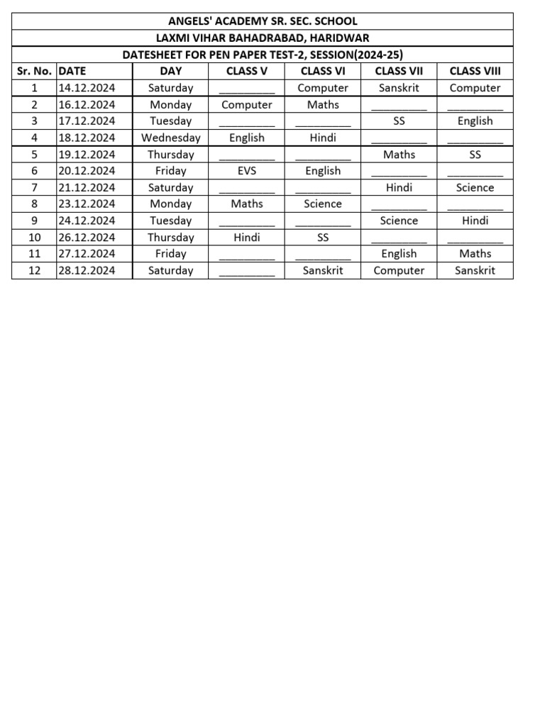 Date Sheet For PPT 2 (2024-25) | PDF