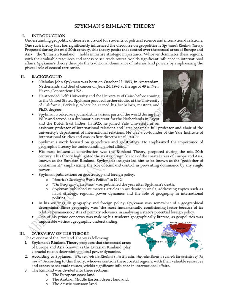 Spykman's Rimland Theory | PDF | Geopolitics | International Relations