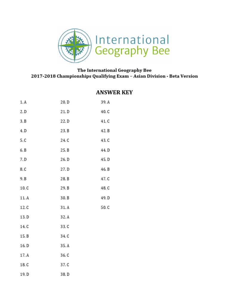 2017 2018 International Geography Bee Asia Beta Version ANSWER KEY | PDF