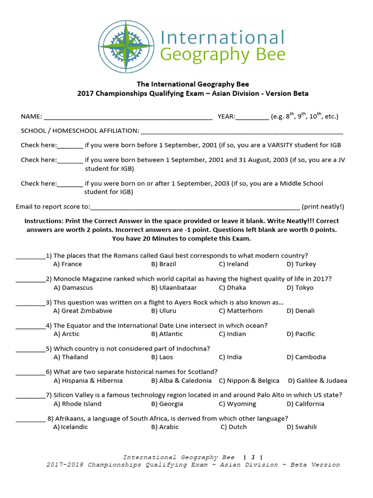 2017 2018 International Geography Bee Asia Beta Version | PDF