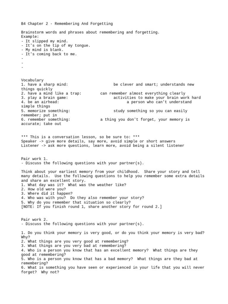 B4 Chapter 2 - Remembering and Forgetting | PDF | Memory | Cognitive ...