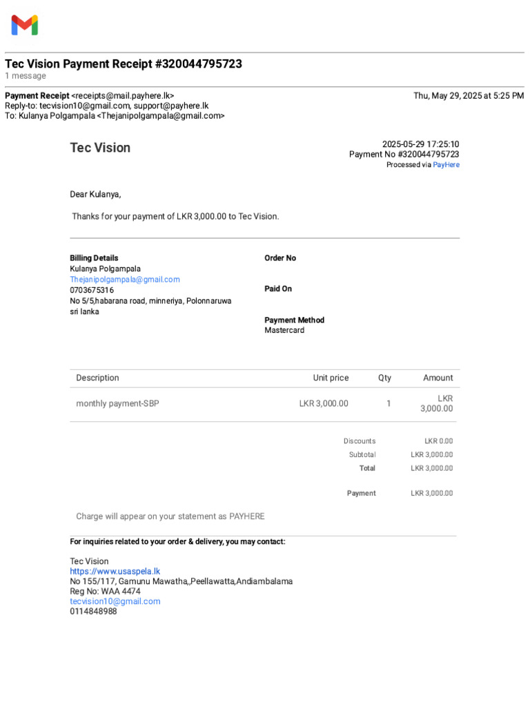 Gmail - Tec Vision Payment Receipt #320044795723 | PDF | Business ...