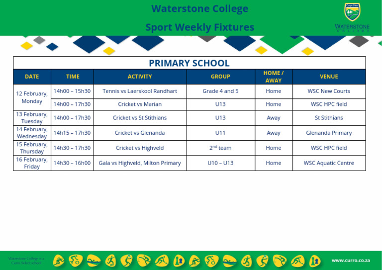 12 - 17 February 2024 WAT Sports Fixtures PRIMARY SCHOOL | PDF