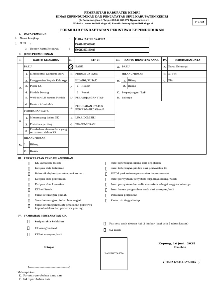F-1.02-Formulir Pendaftaran Peristiwa Kependudukan - Kediri - Edit | PDF