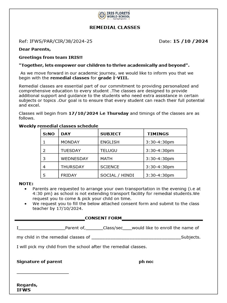 Remedial Classes Circular | PDF