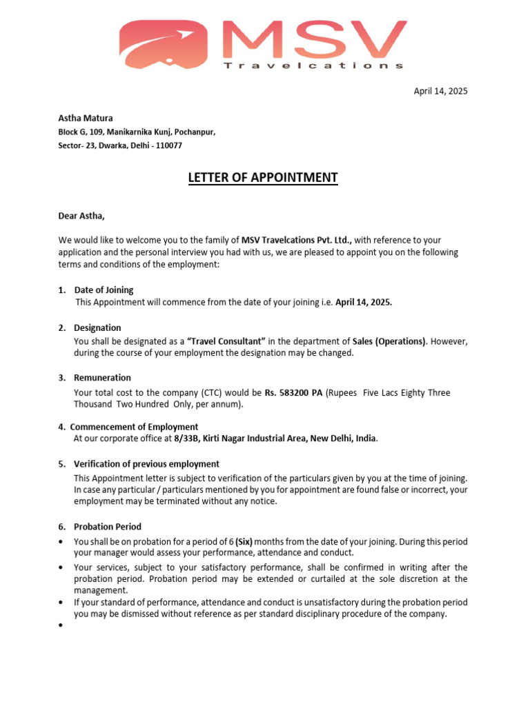 Appointment Letter Astha Matura | PDF | Non Disclosure Agreement ...