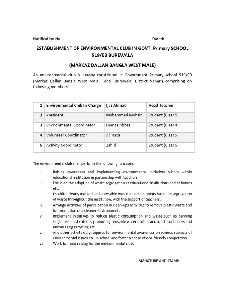 Environmental Club at Dallan Bangla School | PDF
