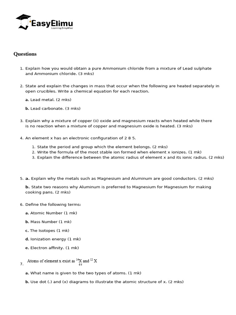 Chemistry - Form 2 Mid Term 1 Exams 2025-3243 | PDF | Atoms | Chemical ...