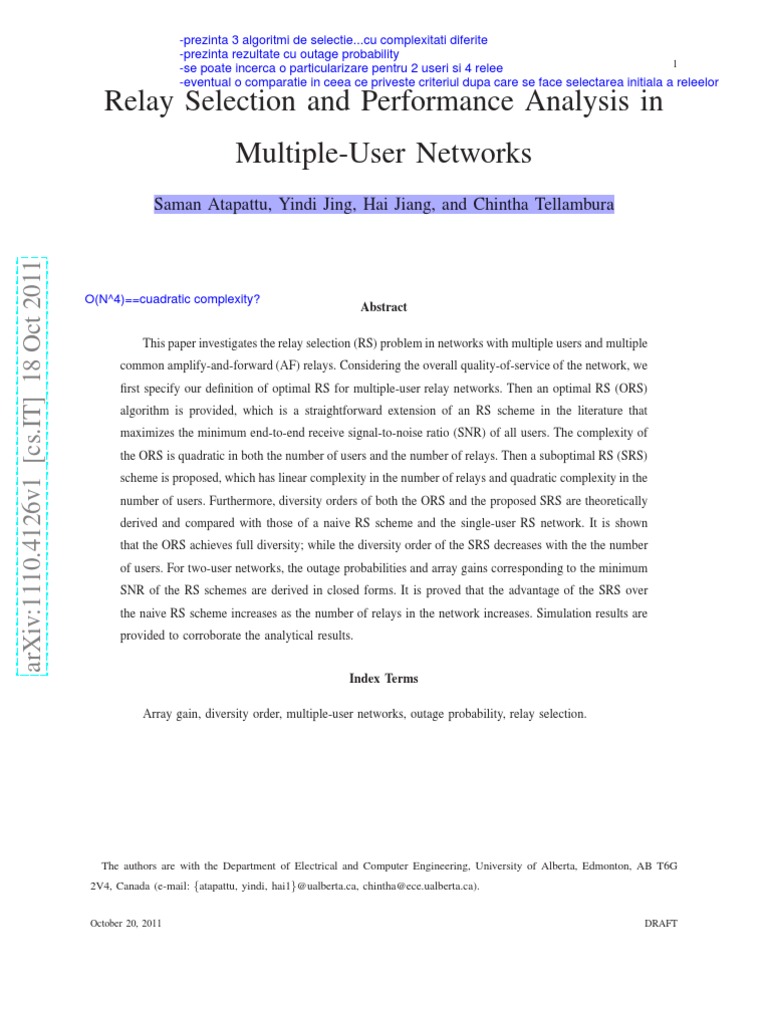 Relay Selection And Performance Analysis In Multiple User Networks Pdf Signal To Noise Ratio