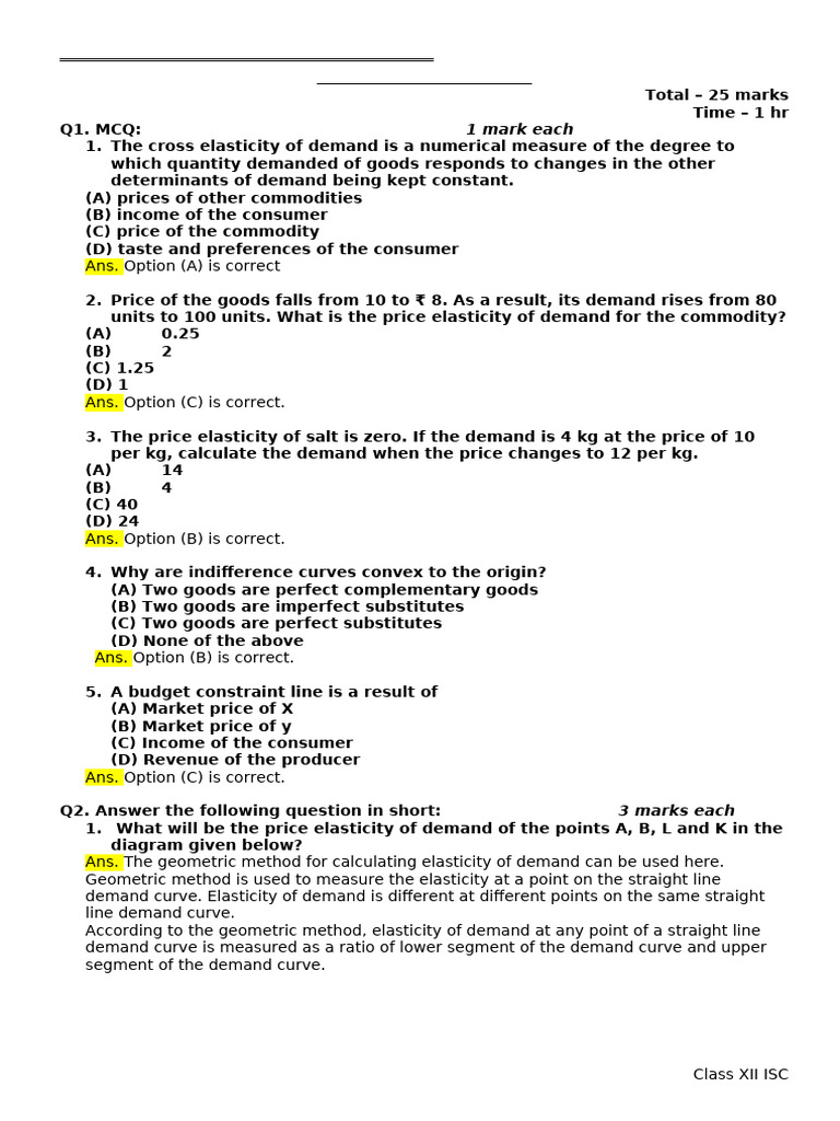 CH 3 4 Eco - 12 Isc - Answer | PDF | Demand | Elasticity (Economics)