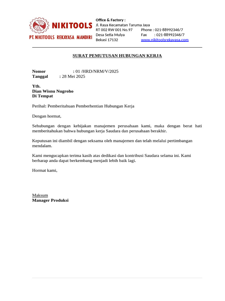 Contoh Surat PHK Resmi Perusahaan | PDF