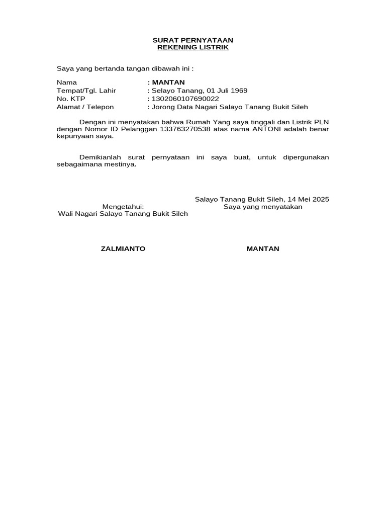 Surat Pernyataan Rekening Listrik | PDF