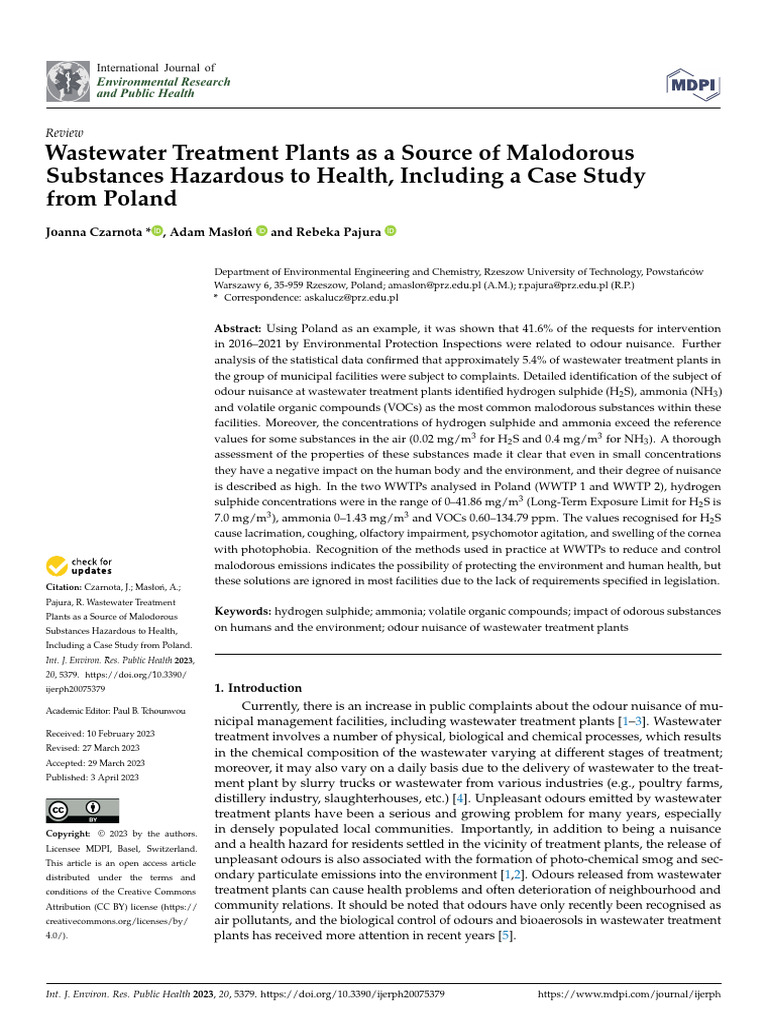 Wastewater Treatment Plants As A Source of Malodorous Substances ...