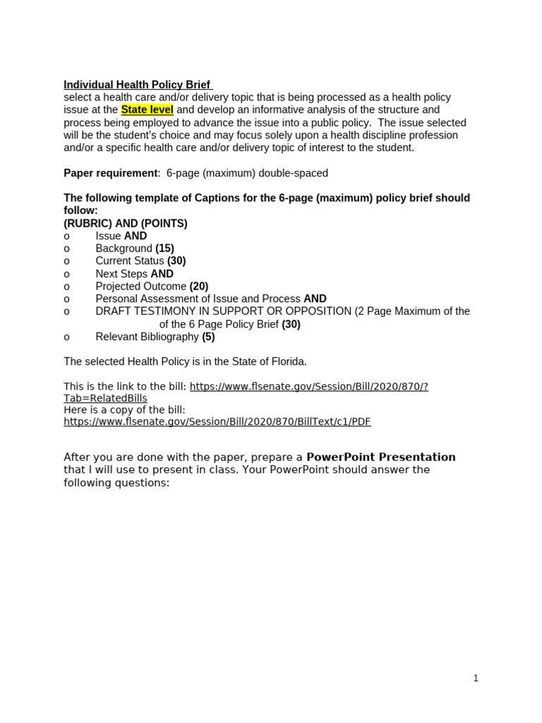 Helath Policy Brief Instructions | PDF