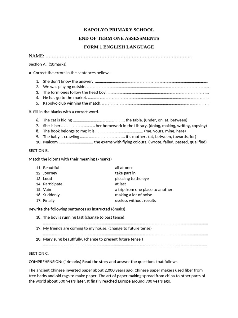 Form 1 English Language Assessment | PDF | Paper | Papyrus