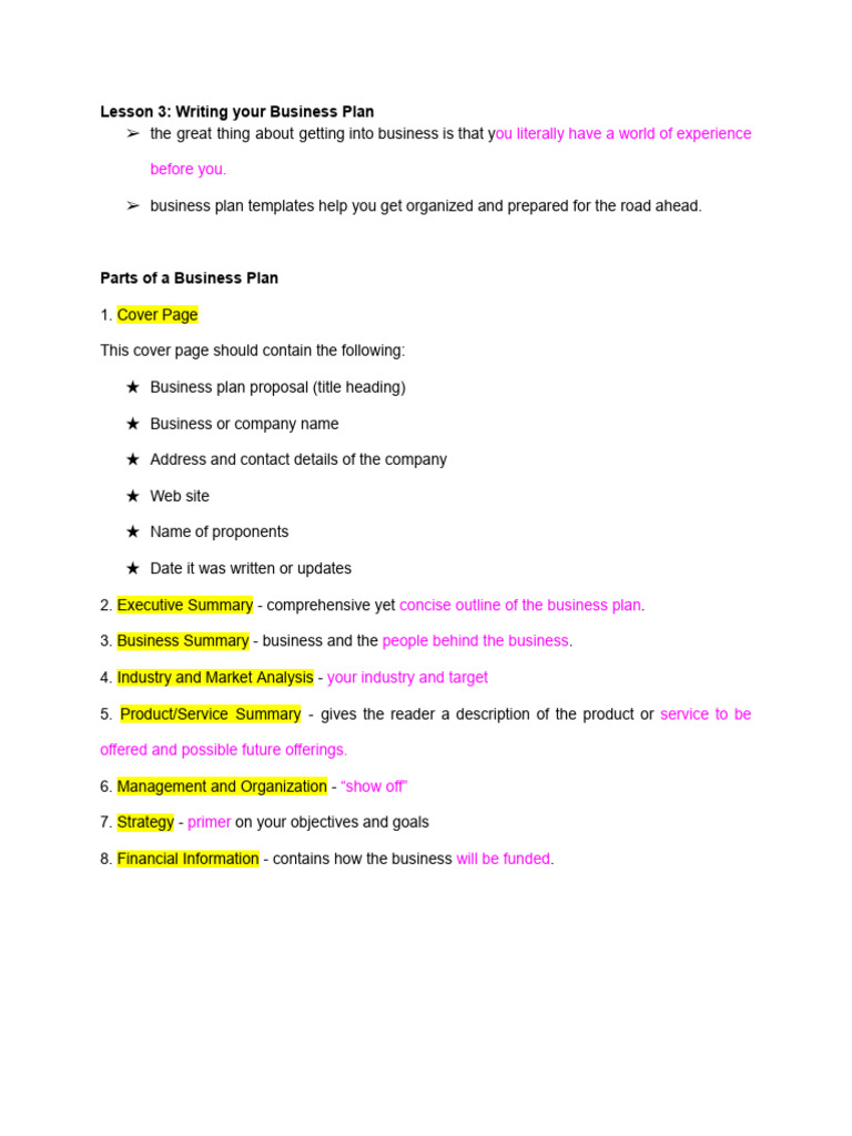Lesson 3 - Writing Your Business Plan | PDF