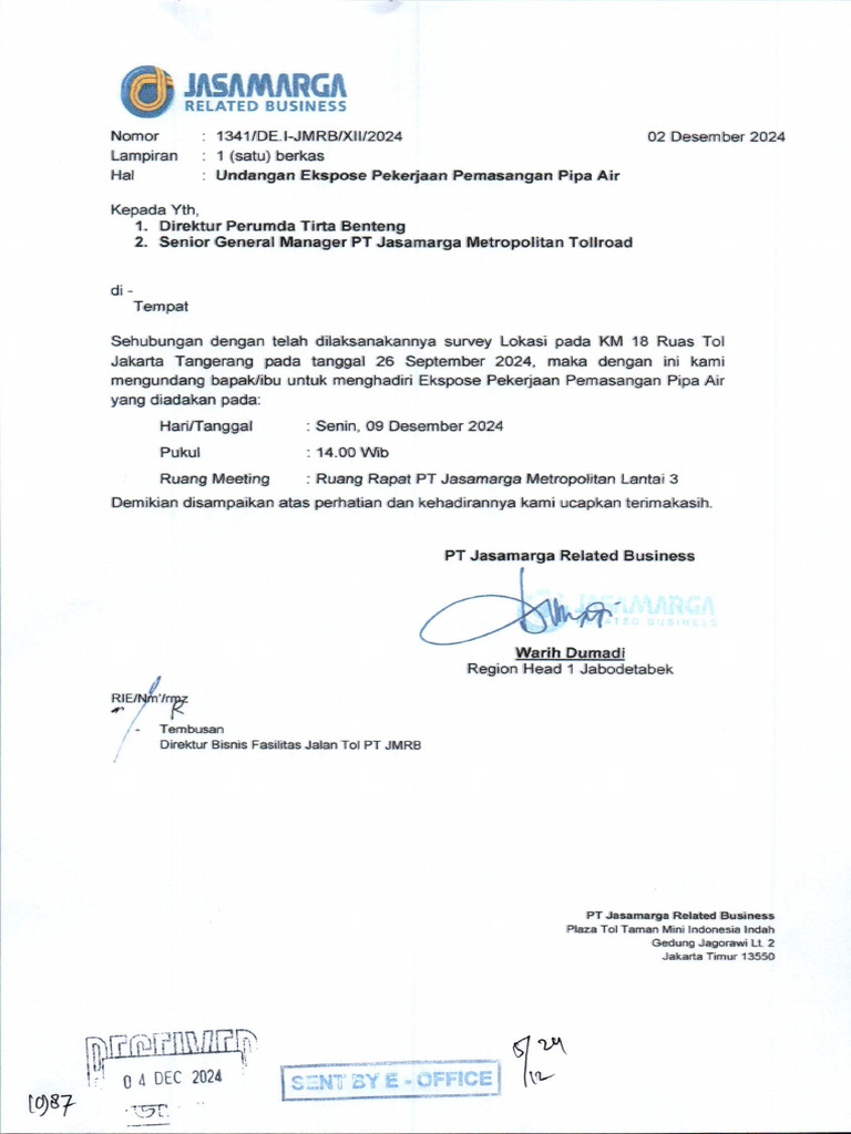 1341 - Jasamarga - Undangan Ekspose Pekerjaan Pemasangan Pipa Air Senin 9 Desember 2024 | PDF