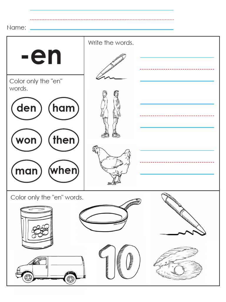 Color and Write - "en" Words Worksheet | PDF