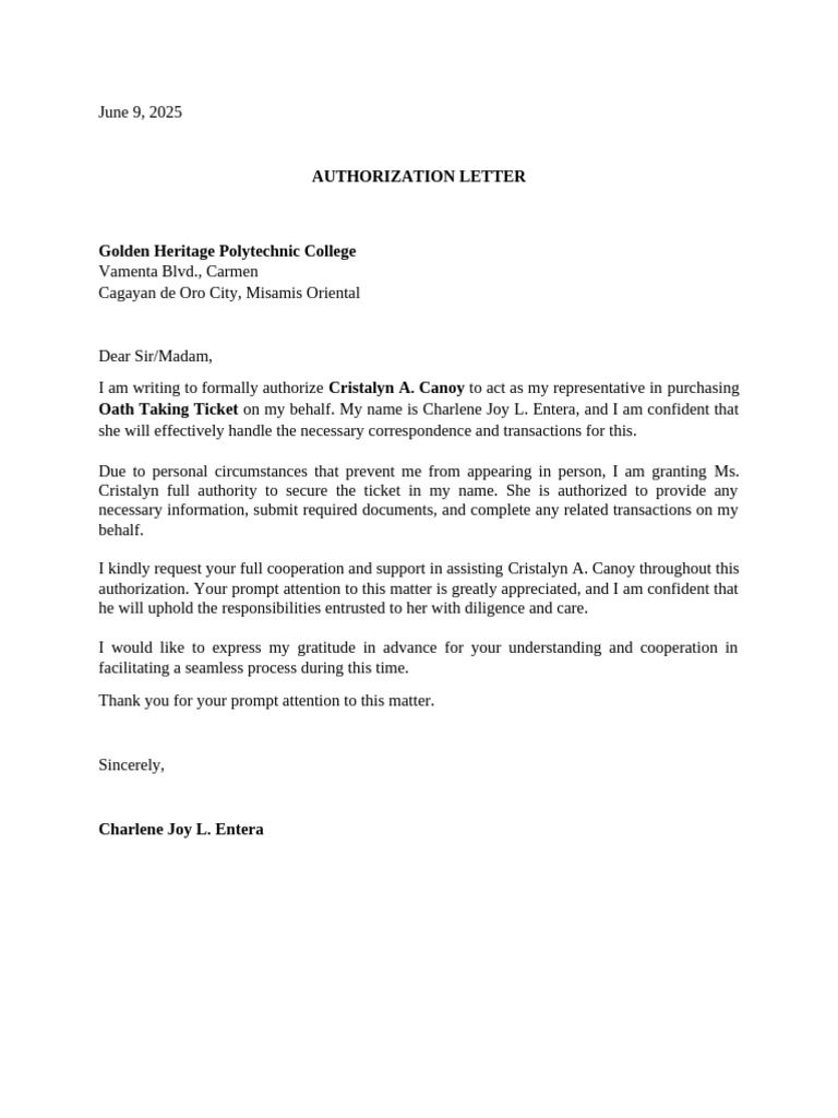 Authorization-Letter Joy | PDF
