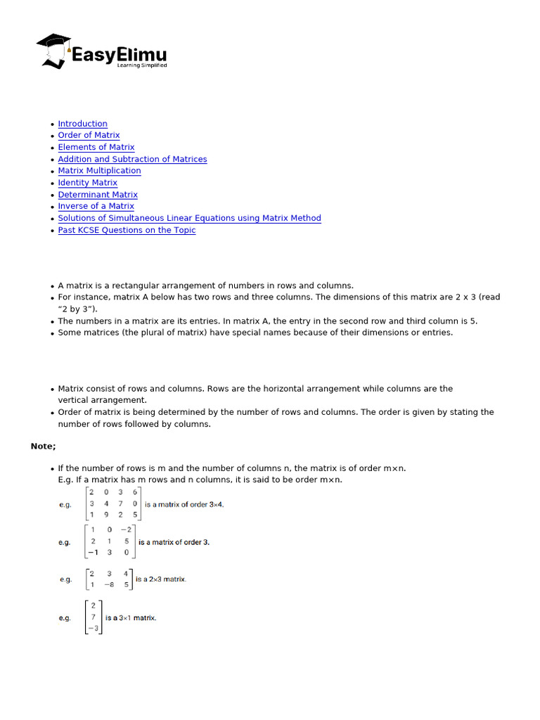 Matrices: Form 3 Mathematics Notes | PDF | Matrix (Mathematics ...