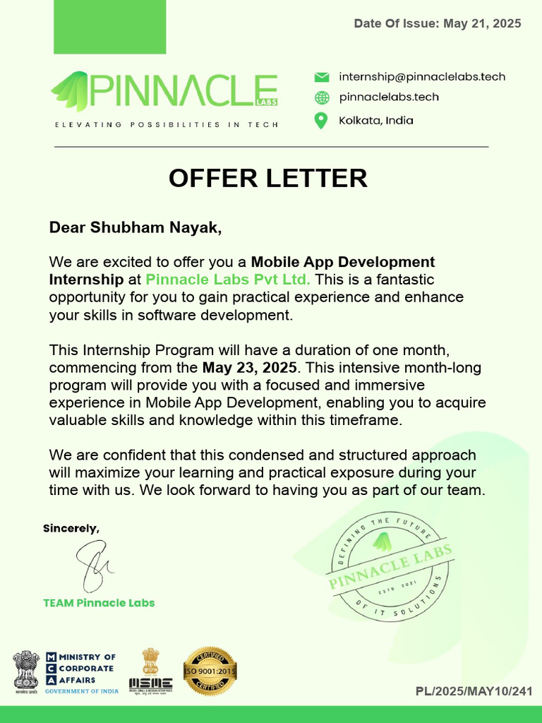 Pinnacle Labs Mobile App Internship Offer | PDF