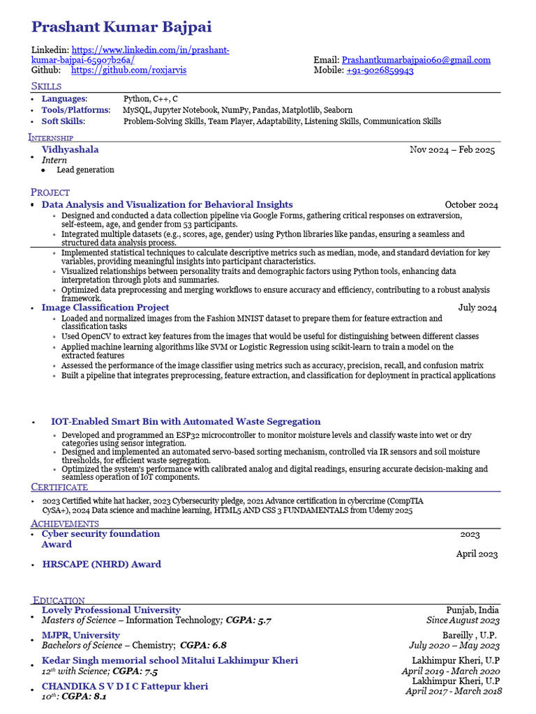 Prashant's Resume | PDF | Statistical Classification | Data Analysis