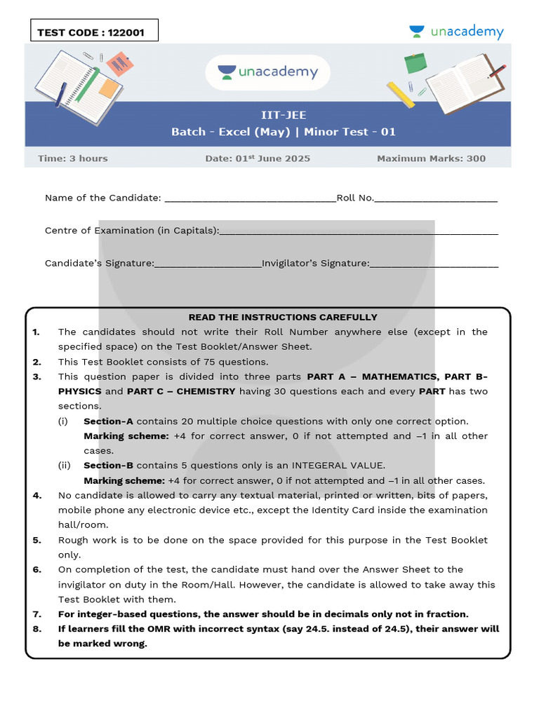 122001 Iit Jee Mains Excel May Minor 1 01 June 2025 Faculty Copy Pdf Electron Electric Field