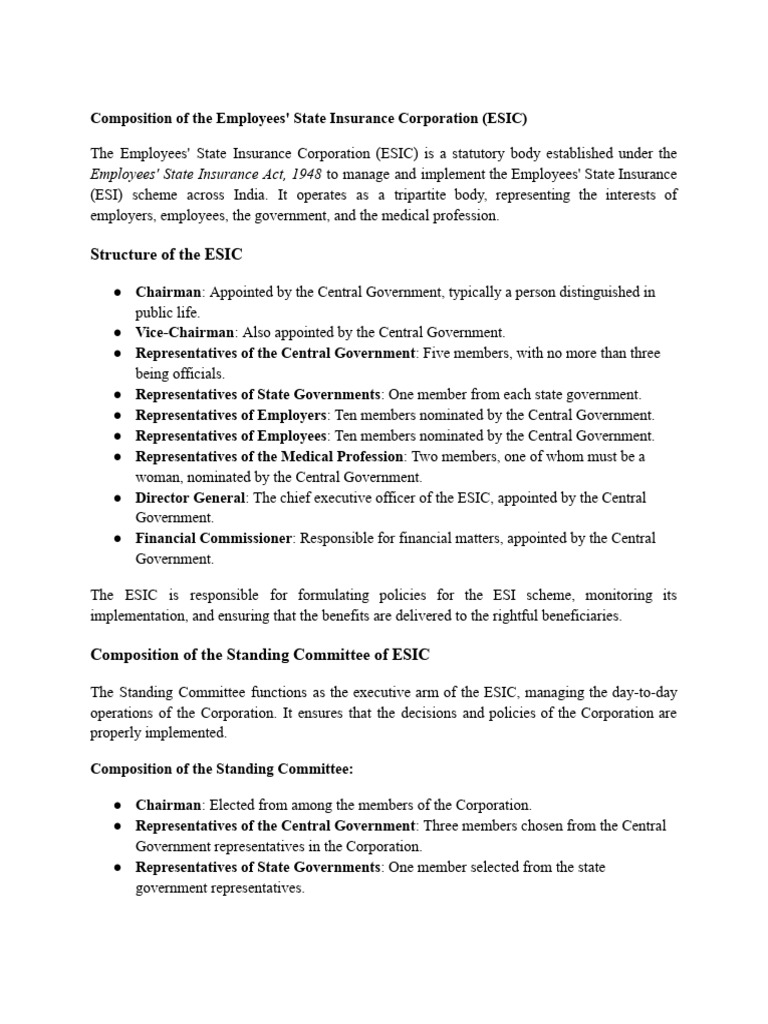 Composition of The Employees' State Insurance Corporation (ESIC) | PDF ...