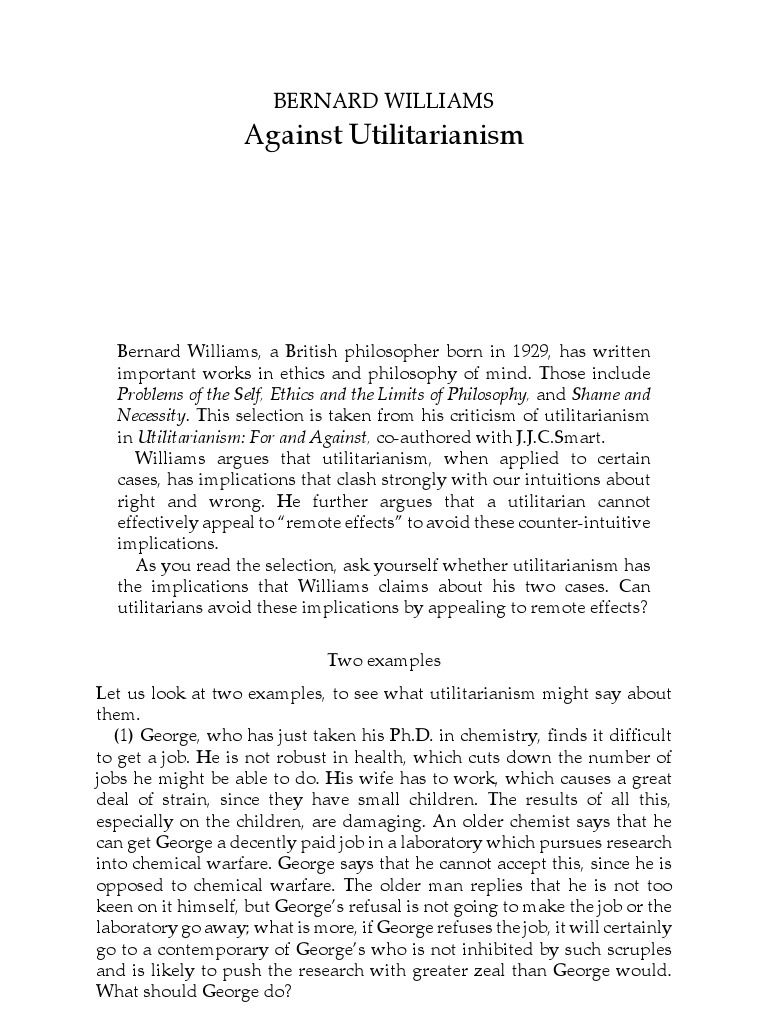 Williams Critique Of Utilitarianism Pdf Utilitarianism Precedent