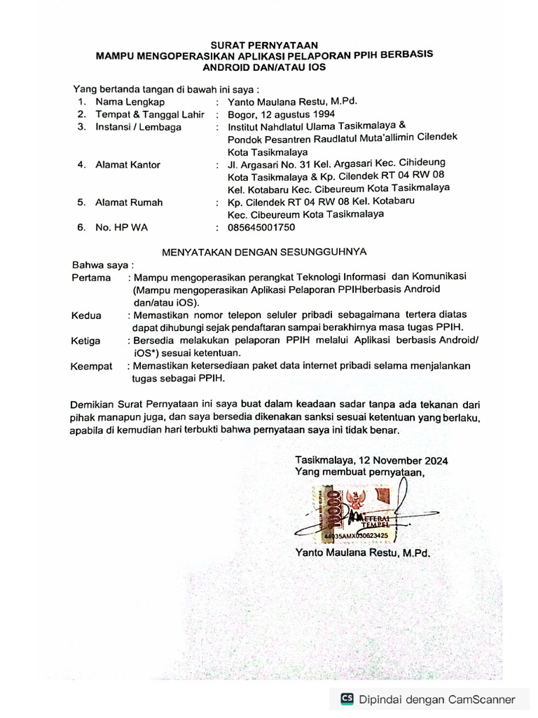 Surat Pernyataan Mampu TIK | PDF