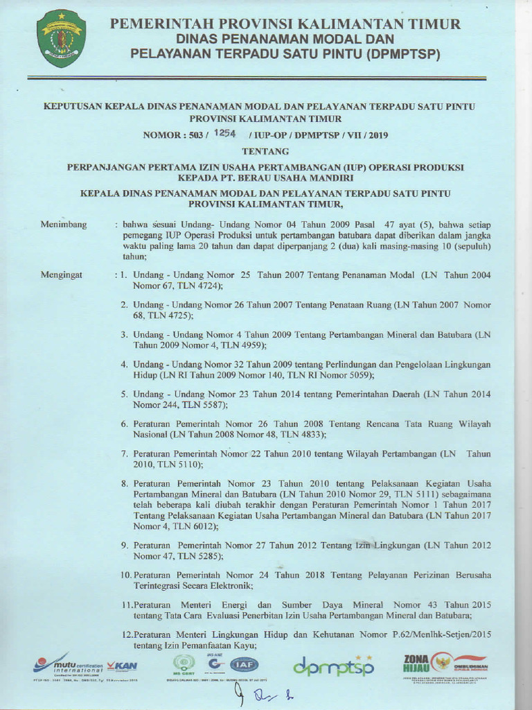 Perpanjangan Pertama IUP OP PT BUM 2019 | PDF