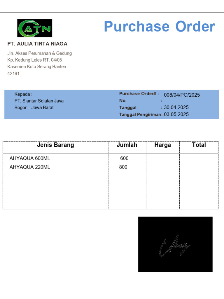 Contoh Surat PO untuk Ahyaqua | PDF