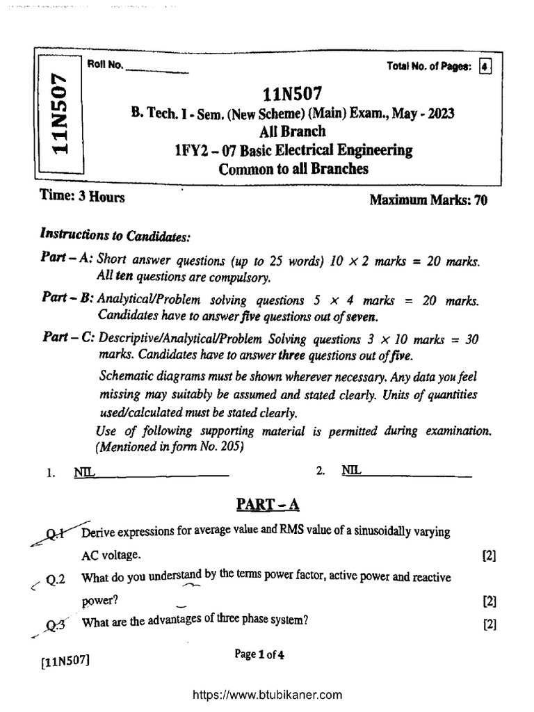 Btech 1 Sem Basic Electrical Engineering 11n507 May 2023 | PDF
