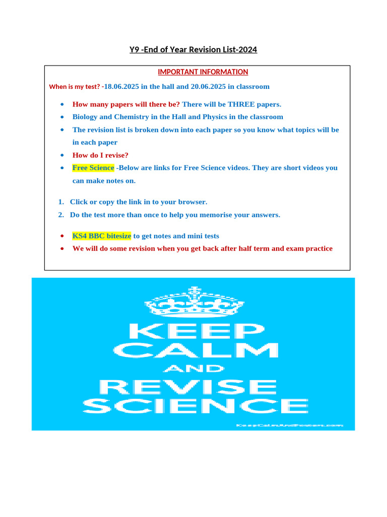 Y9 EOY Revison List 2025-1-2 | PDF | Chemistry | Biology