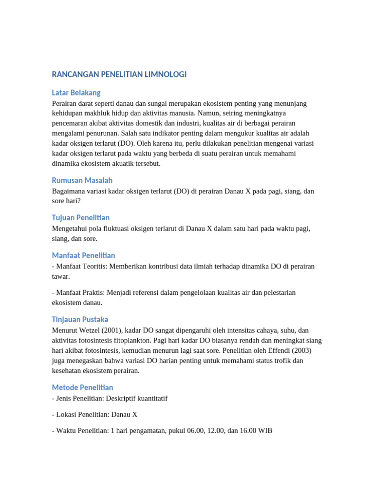 Rancangan Penelitian Limnologi | PDF