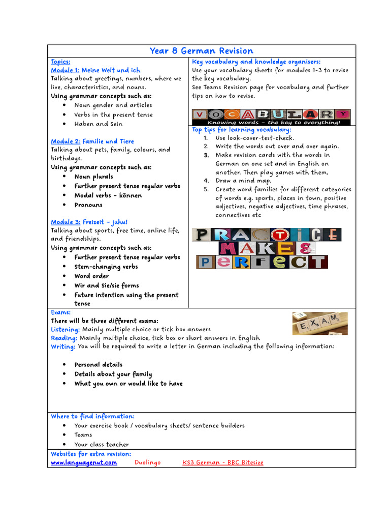 Year 8 German Revision Guide | PDF