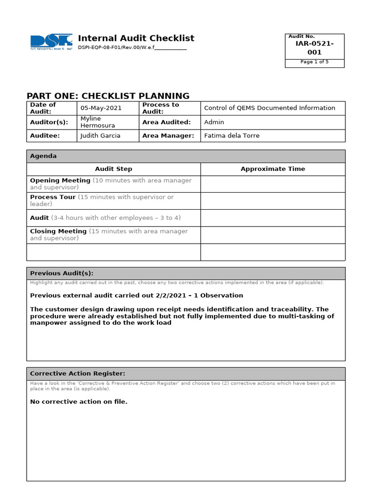 Internal Audit Checklist for Manufacturing | PDF | Audit | Business