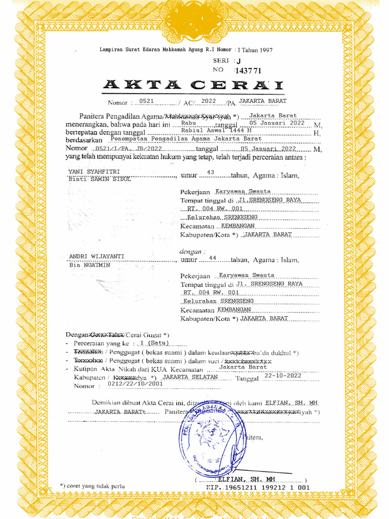 Akte Cerai Yani Syahfitri | PDF