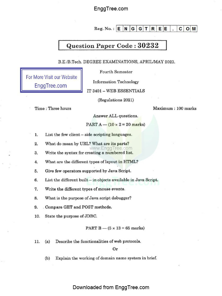 IT3401 Web Essentials Apr May 2023 Question Paper Download | PDF