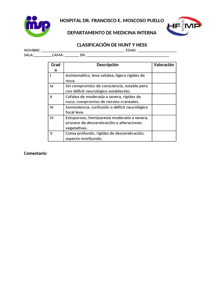Clasificación Hunt y Hess en Medicina | PDF