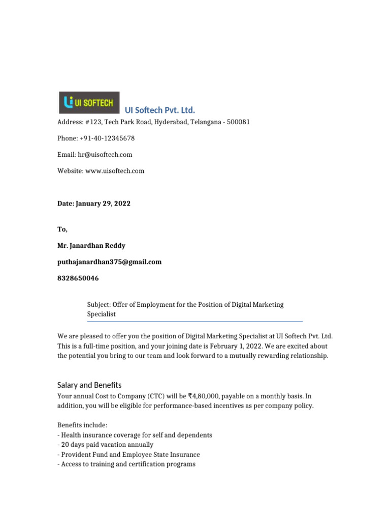 UI Softech Offer Letter Janardhan Updated JoinDate | PDF | Digital Marketing | Performance Indicator