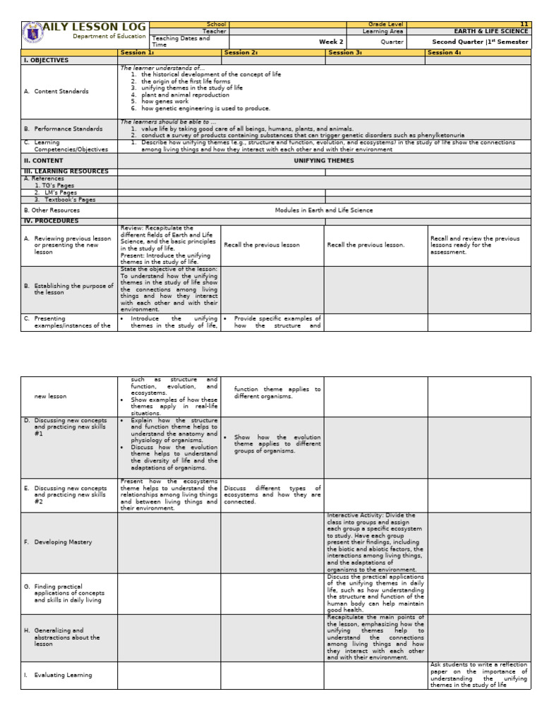 DLL ELS QUARTER 2 WEEK 2-Unifying Themes, Ecosystem | PDF | Learning | Ecosystem