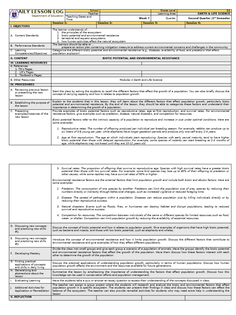 DLL Els Quarter 2 Week 7-Biotic Potential | PDF | Ecosystem | Reproduction